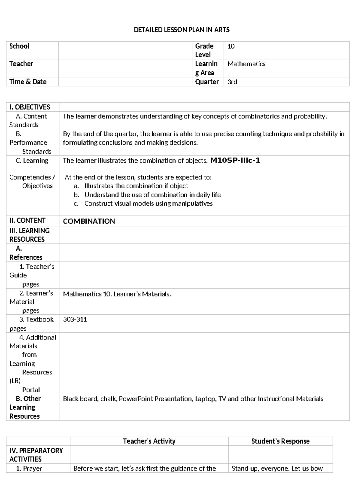 Detailed Lesson Plan on Combinations for Mathematics 10 - Studocu
