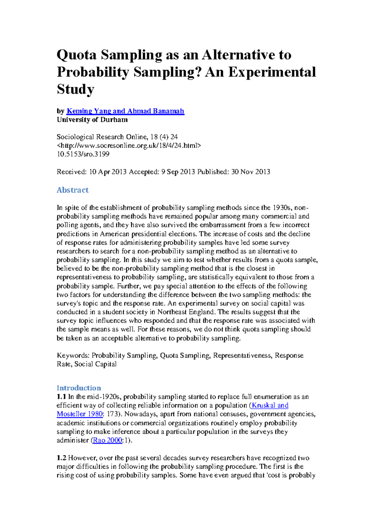 Experimental Study on Quota vs. Probability Sampling: Insights from ...