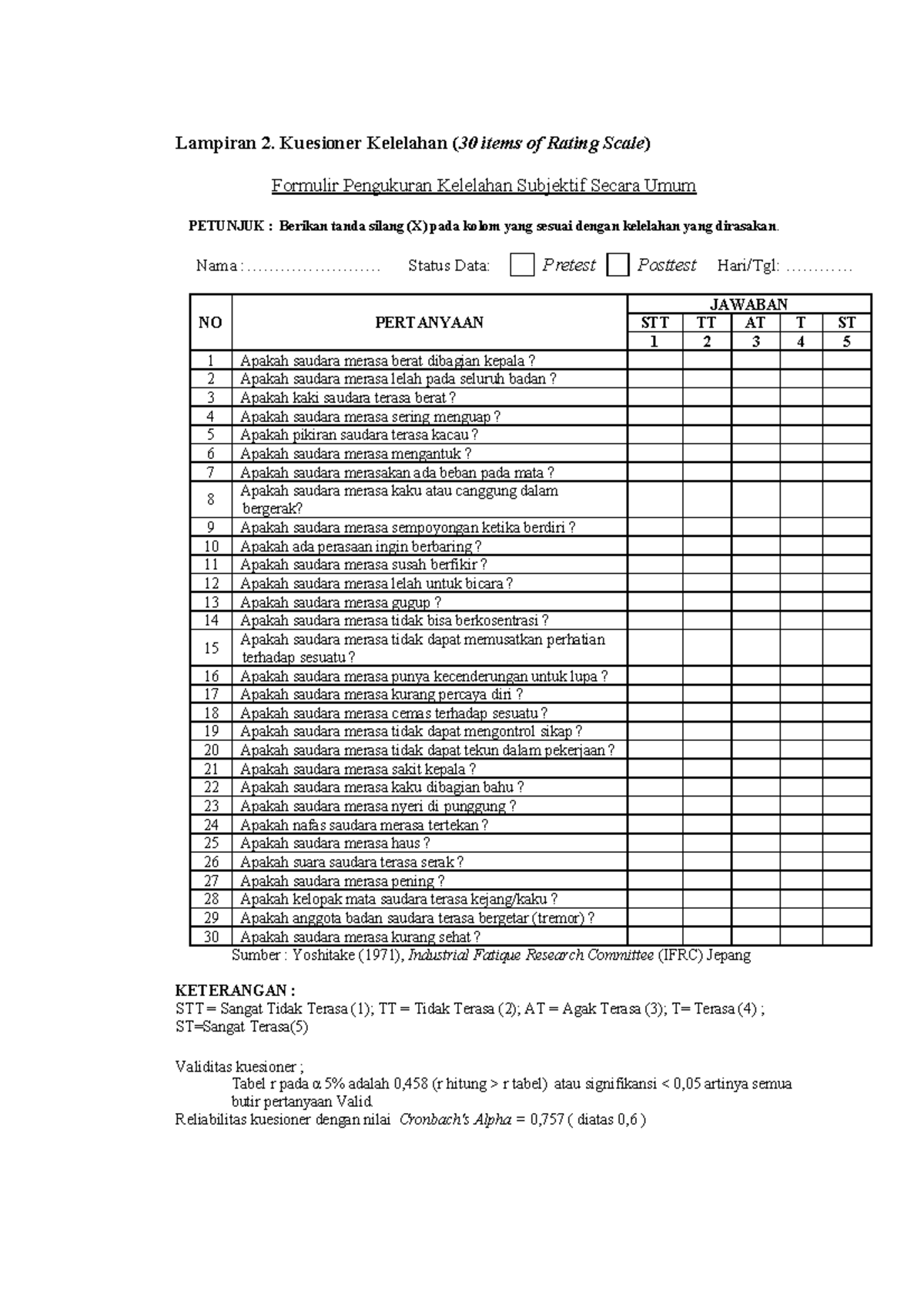 Kuesioner Kelelahan Kerja: Pengukuran Subjektif (30 Item) - Studocu