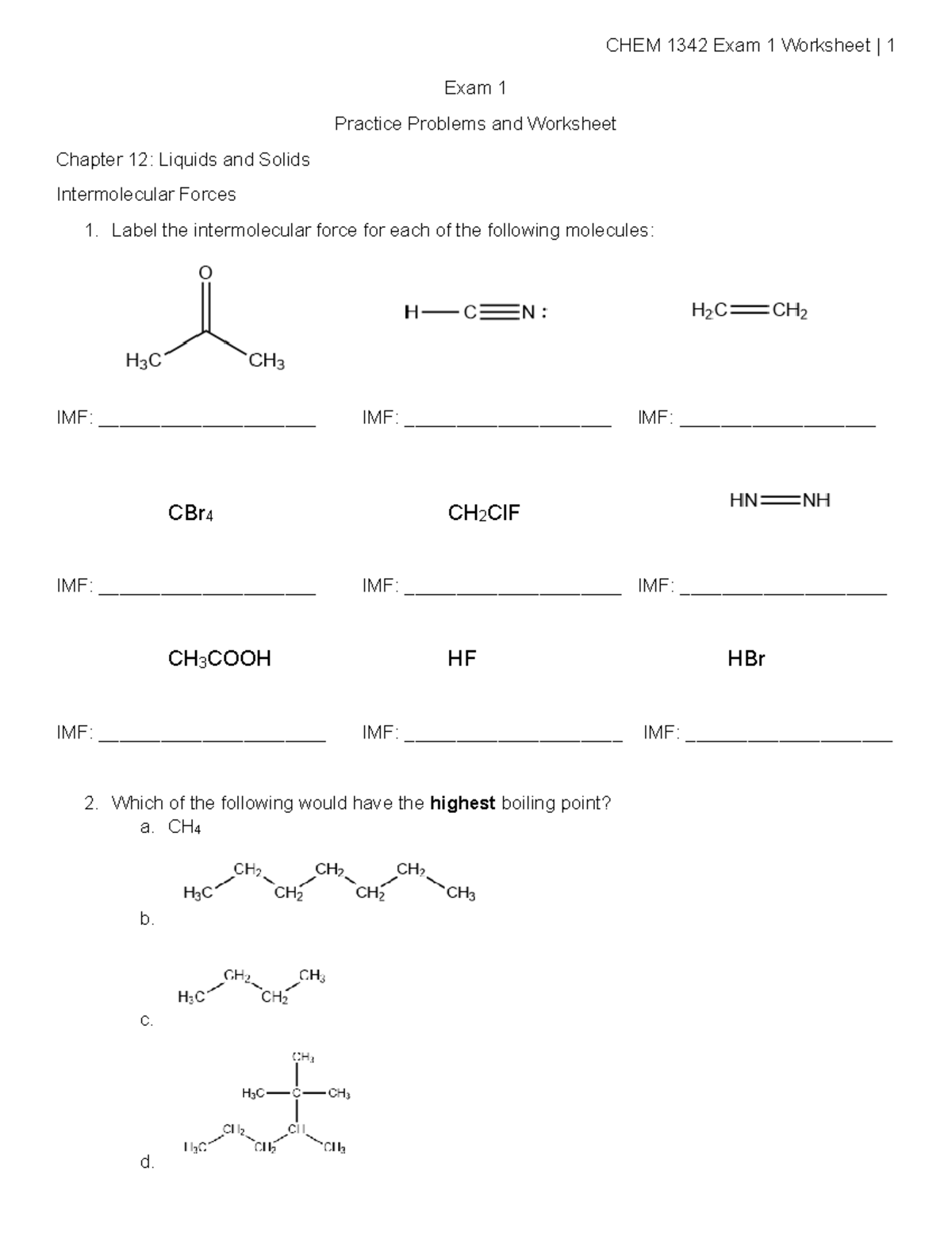 CHEM 1342 Exam 1 Practice Problems: Liquids, Solids, and Intermolecular ...