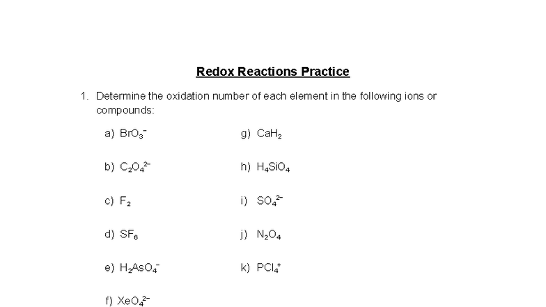 Redox Reactions Practice 1: Oxidation Numbers & Classifications - Studocu