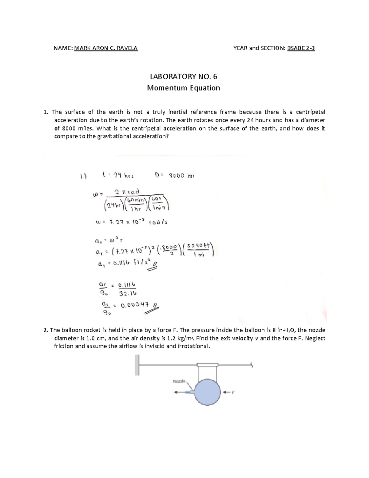 LAB 6 Solutions - momentum equation - NAME: MARK ARON C. RAVELA YEAR ...