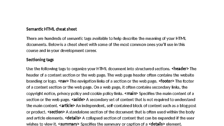 HTML Semantics Cheat Sheet for Web Development - Studocu