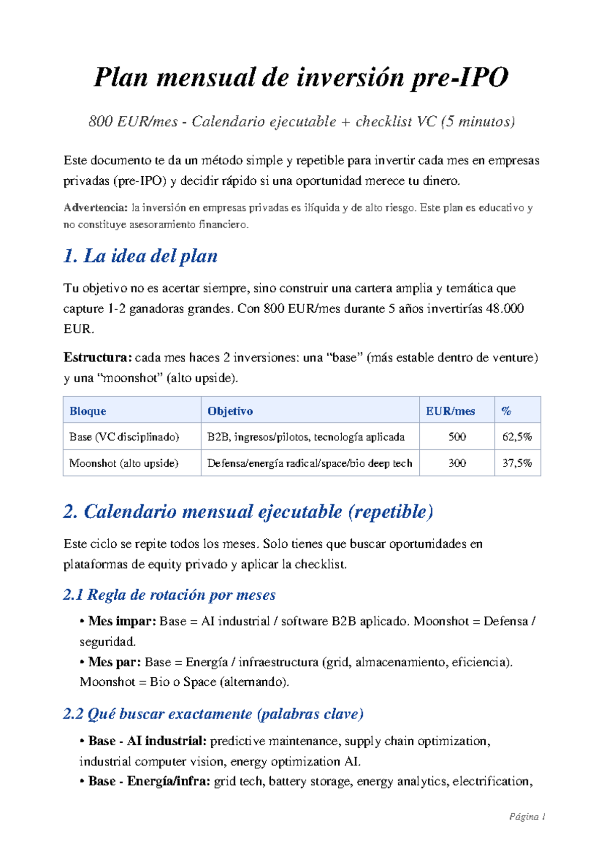 Plan de Inversión Mensual VC: Checklist y Calendario Ejecutable - Studocu