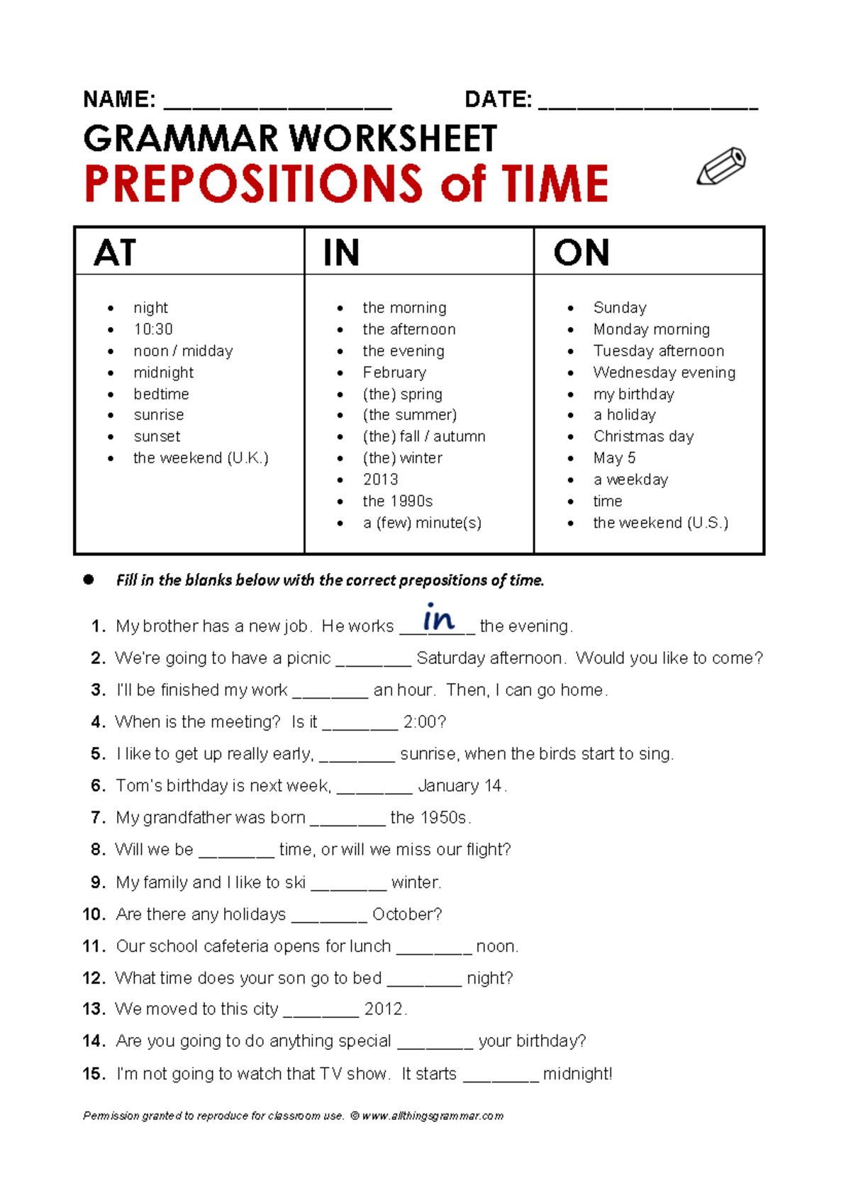 TIME Prepositions Worksheet for Final Exam Review - Studocu