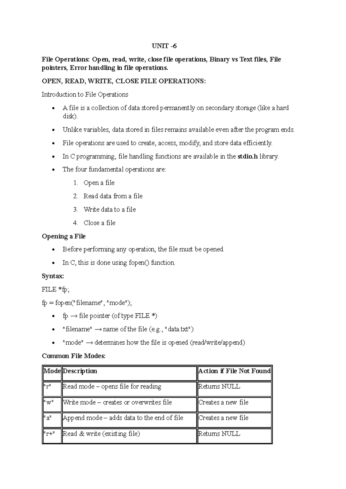 Unit 6: File Operations in C - Open, Read, Write, Close, and Error Handling - Studocu