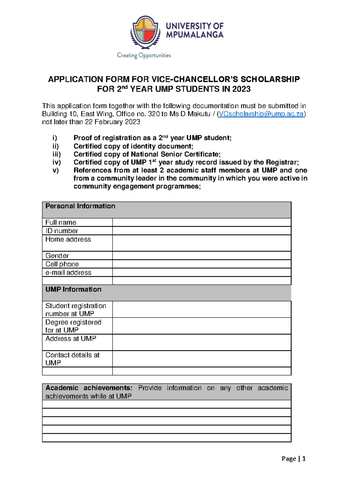 Application Form for VC Scholarship: 2nd Year UMP Students 2023 - Studocu