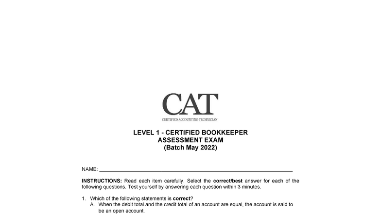 Level 1 Certified Bookkeeper Assessment EXAM Batch May 2022 - LEVEL 1 ...