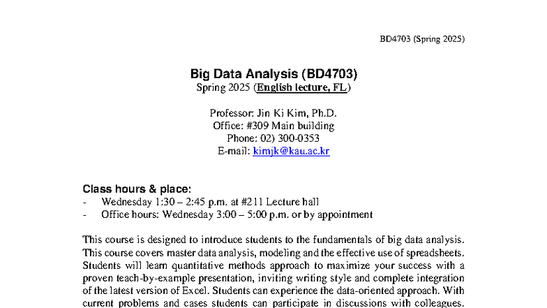Revised Syllabus for BD4703 Big Data Analysis - Spring 2025 - Studocu