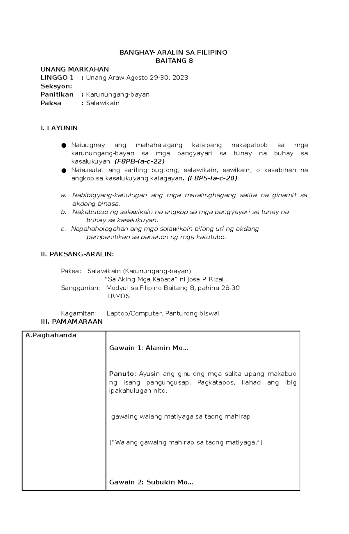 FIL 8 - Unang Markahan Lesson Plan: Salawikain and Karunungang-Bayan ...