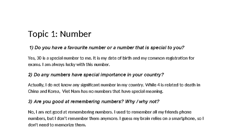 Speaking 1 - Topics on Numbers, Robots, Sneakers, and More - Studocu