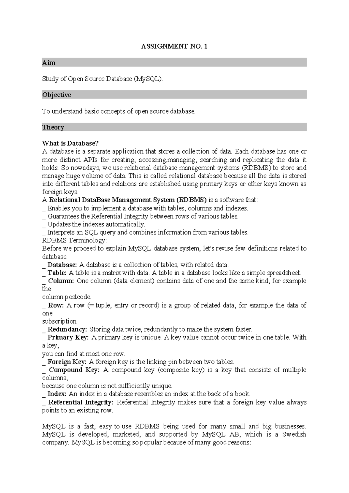 Assignment 1: Study of Open Source Database (MySQL) Concepts - Studocu