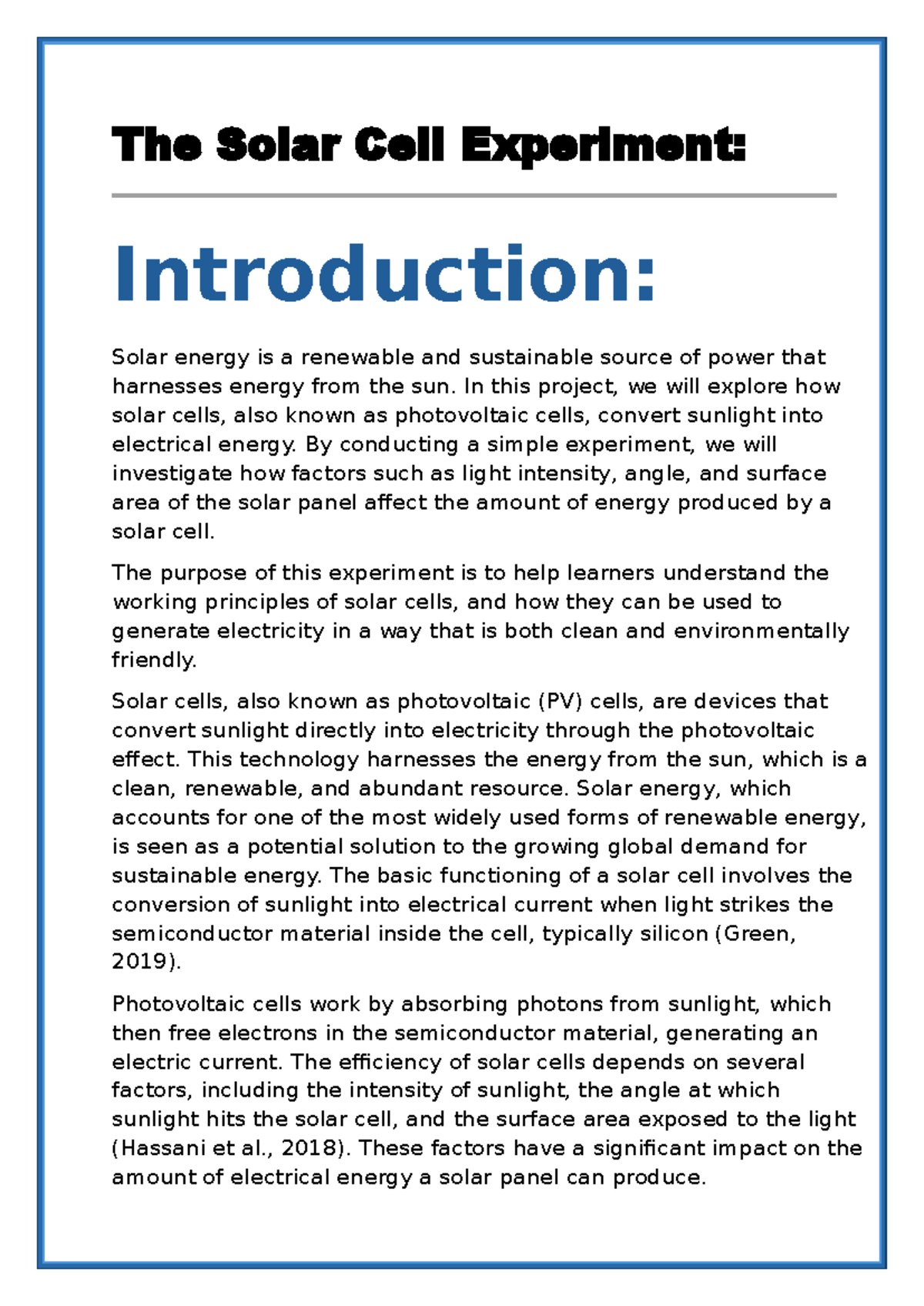 ENGR 101: Solar Cell Experiment - Investigating Efficiency Factors ...