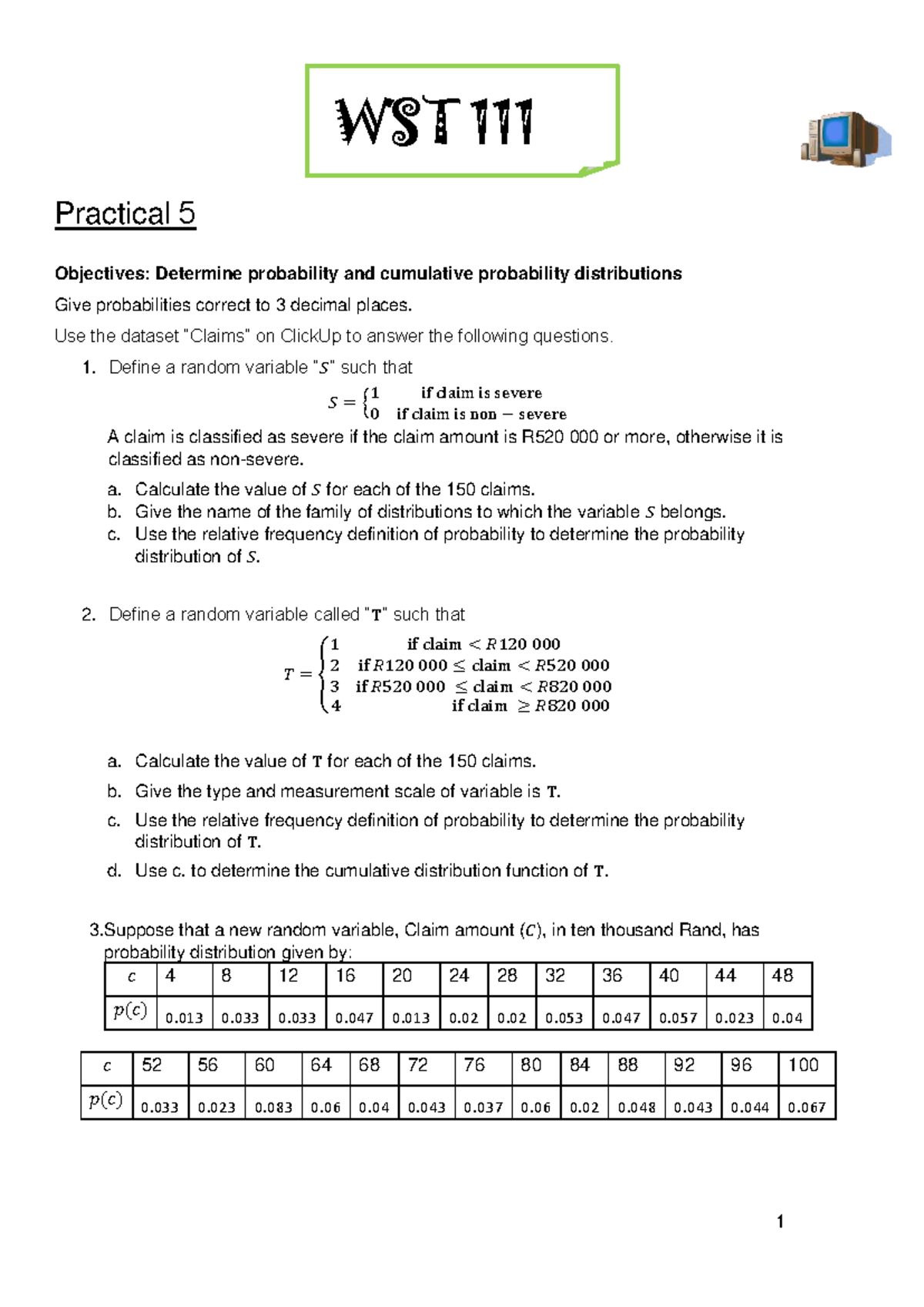 WST Practical 5: Probability Distributions and Calculations Notes - Studocu
