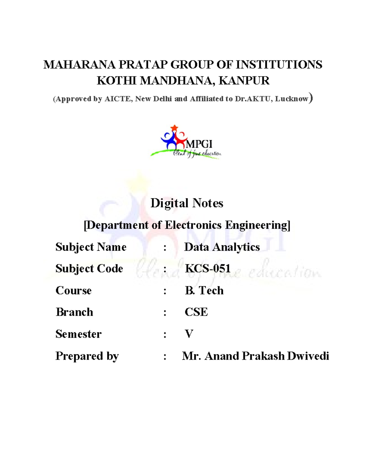 Data Analytics Unit 1 Notes - B.Tech CSE Semester V (Course Code: DA101 ...