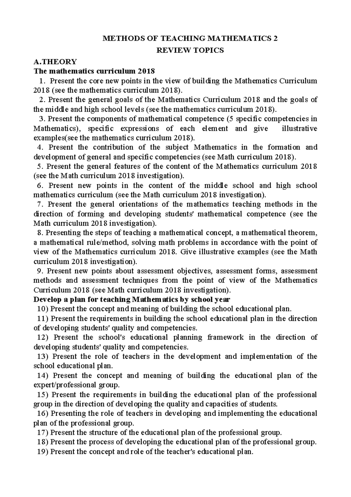 METHODS OF TEACHING MATHEMATICS 2: Review of Curriculum 2018 Topics ...
