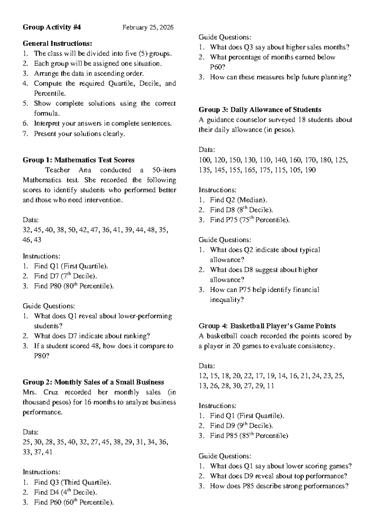 Group Activity: Measures of Position Analysis (Feb 25, 2026) - Studocu