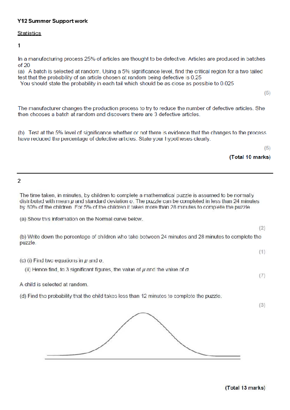 Y12 Summer Support Work: Statistics 1 Exam Questions - Studocu