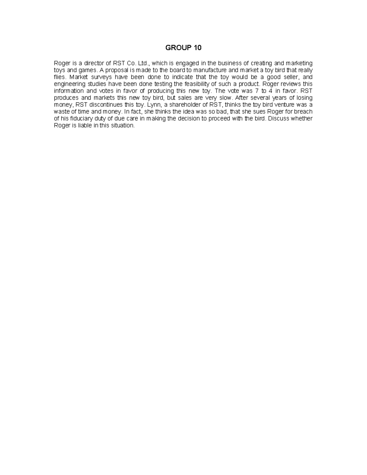 Group 10 - Business Law Case Study: Roger's Liability in Toy Bird ...