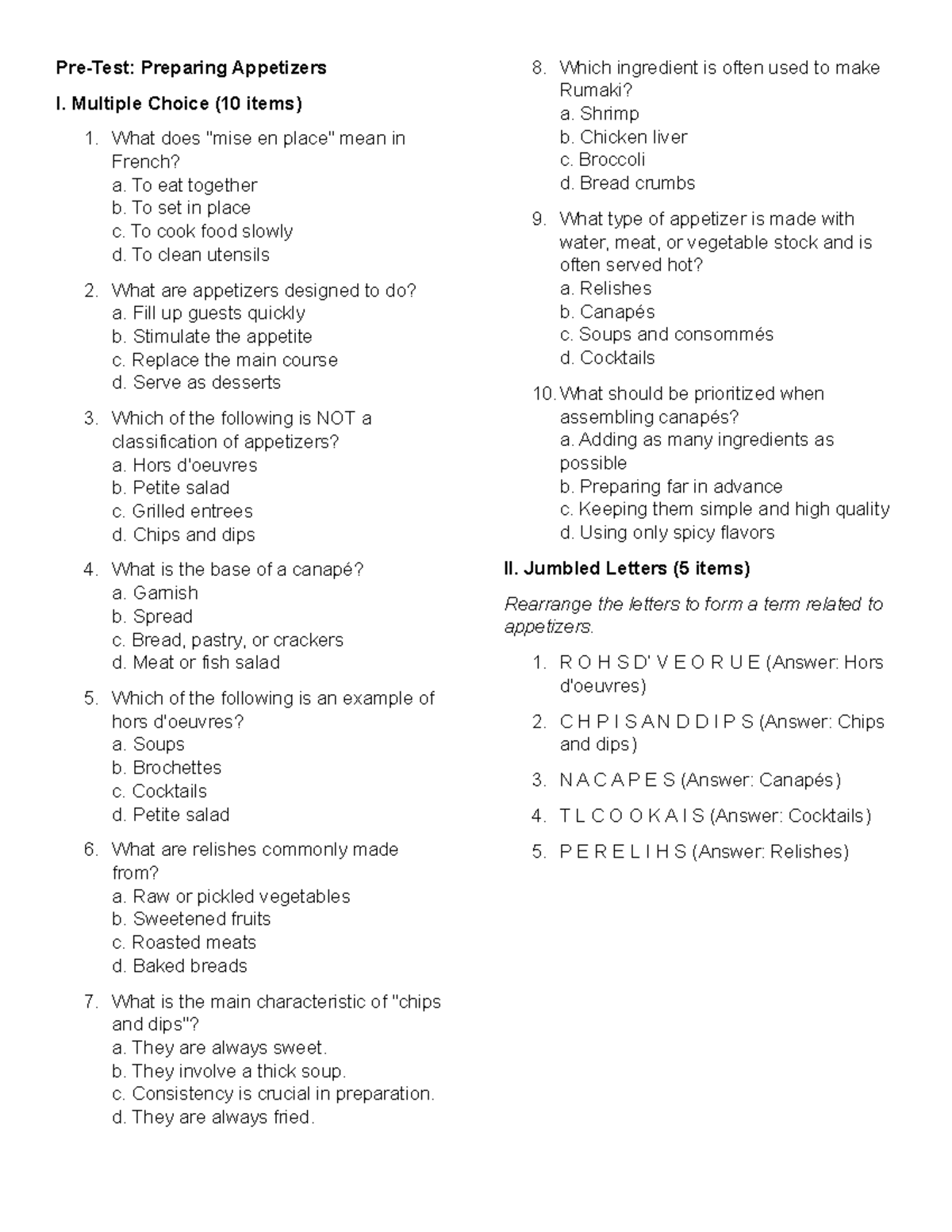 Pre Test in TLE 9: Preparing Appetizers - Multiple Choice & Matching ...