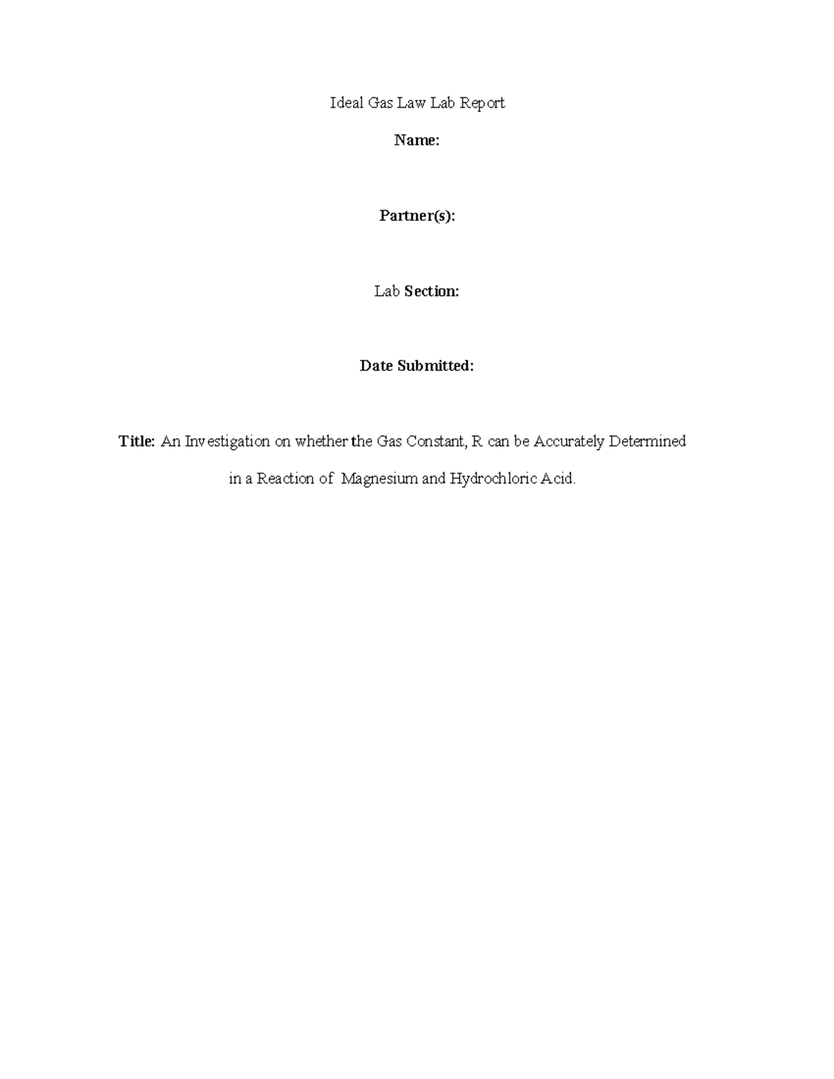 Ideal Gas Law Lab Report: Determining Gas Constant R via Mg and HCl ...