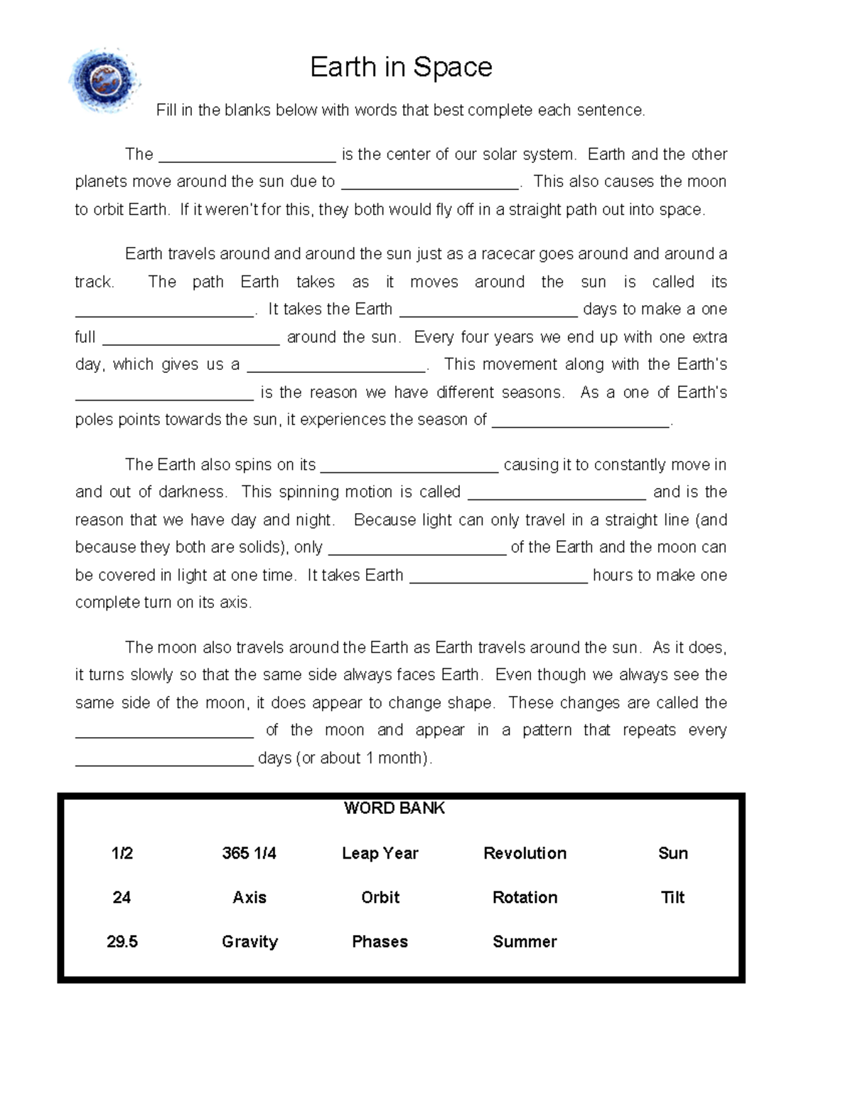 Ariyanna Richardson - Earth in Space WS - Earth in Space Fill in the ...