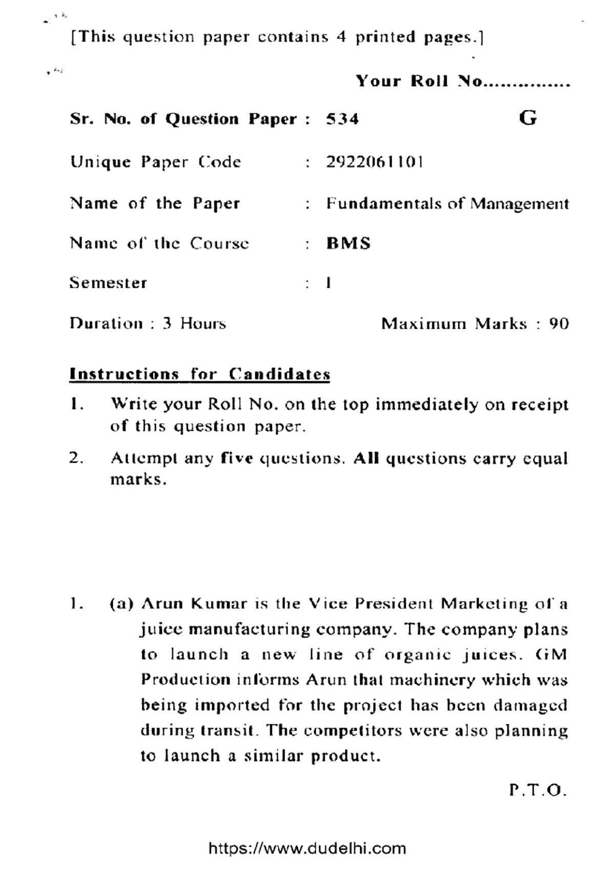 BMS 1st Sem Fundamentals of Management PYQs - Studocu