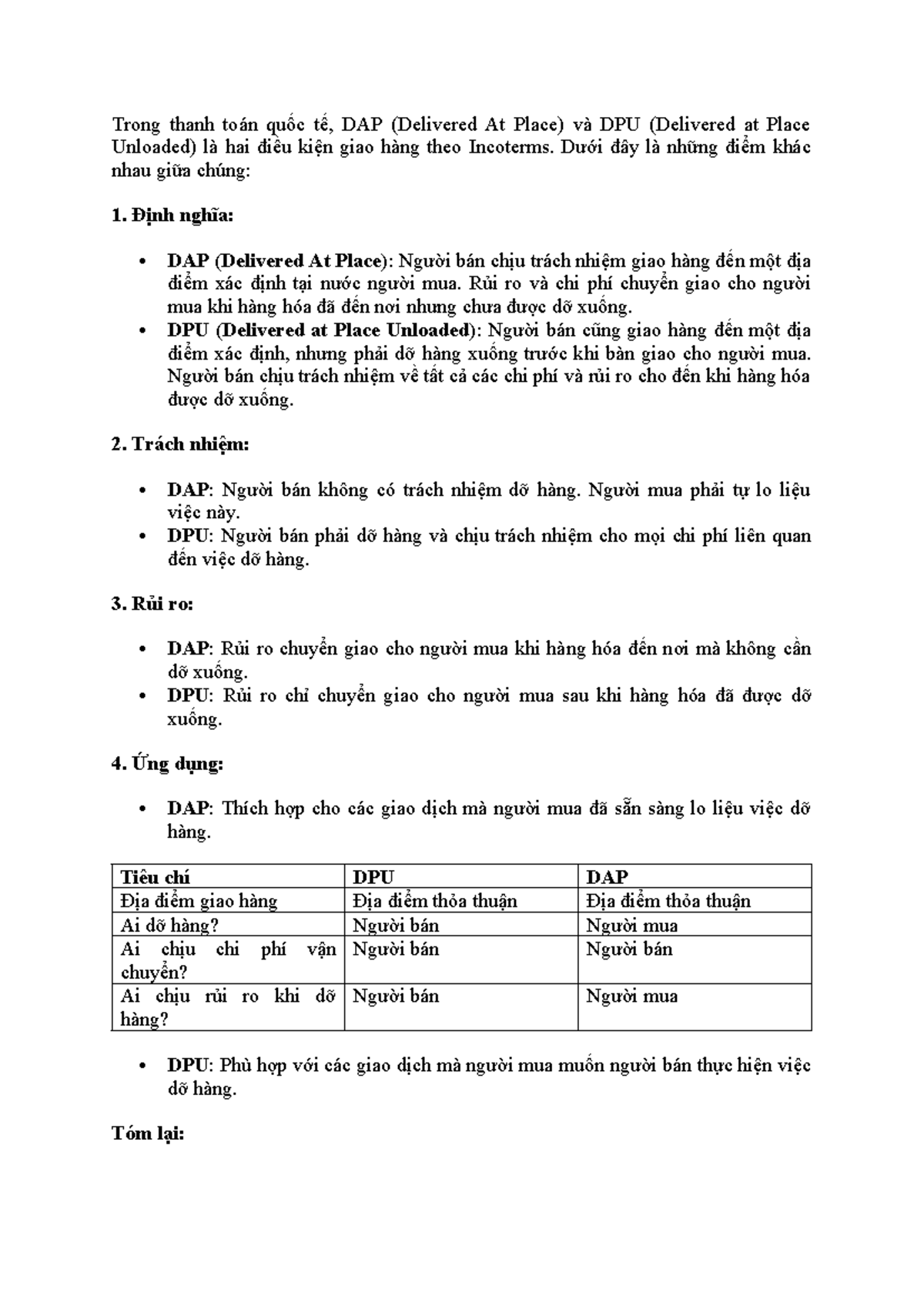 So sánh DAP và DPU trong thanh toán quốc tế - Tài liệu học tập - Studocu