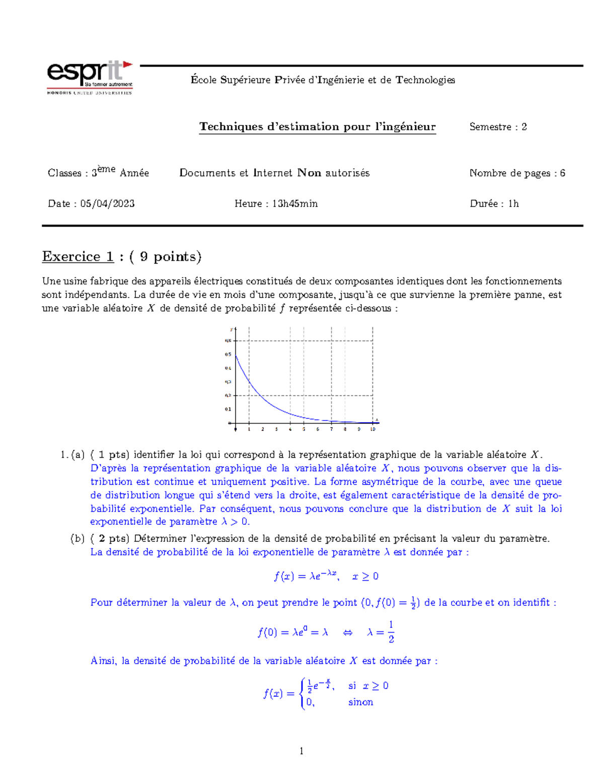 Correction DS Avril 23 - Probabilités et Estimation - Studocu