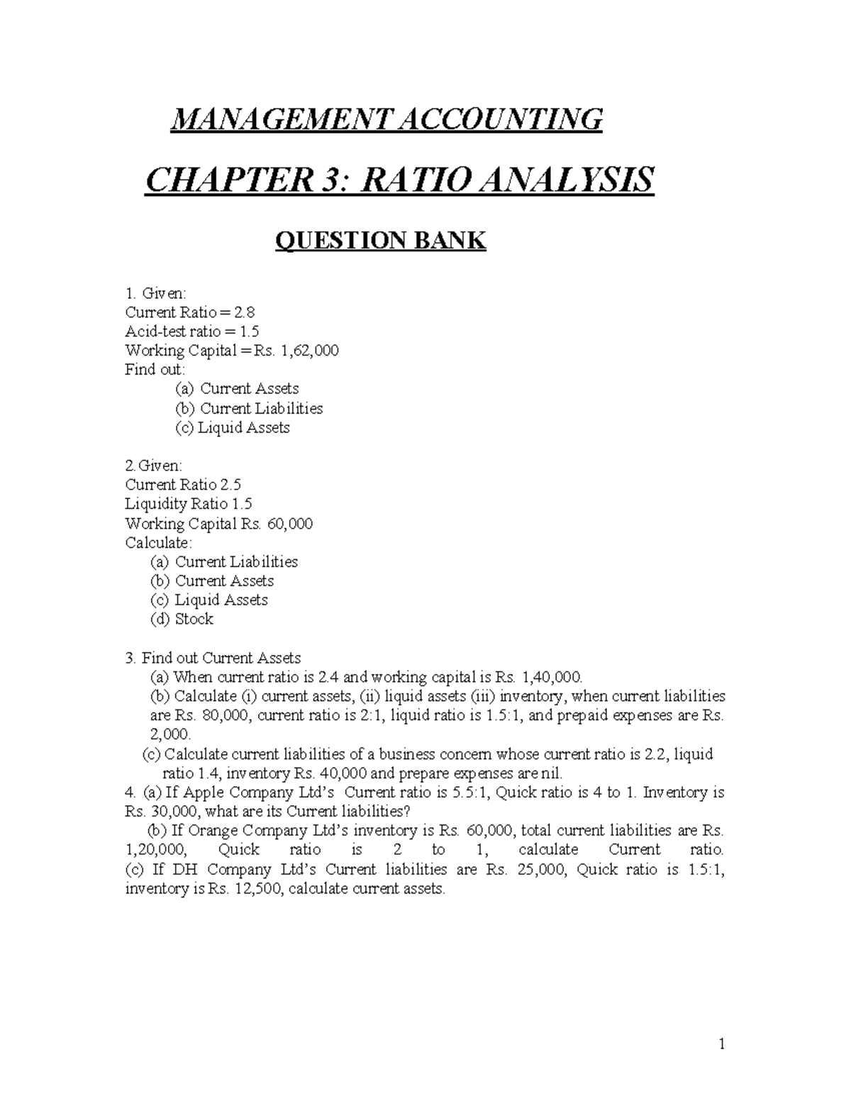 MANAGEMENT ACCOUNTING CHAPTER 3: RATIO ANALYSIS QUESTION BANK - Studocu