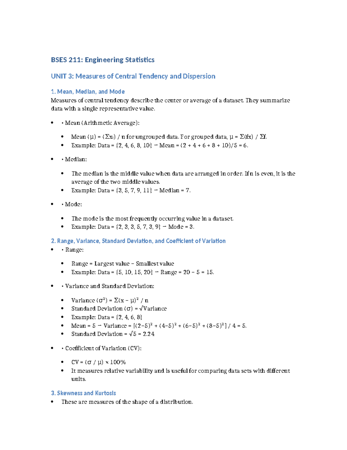 BSES 211: Engineering Statistics Unit 3 - Central Tendency & Dispersion ...