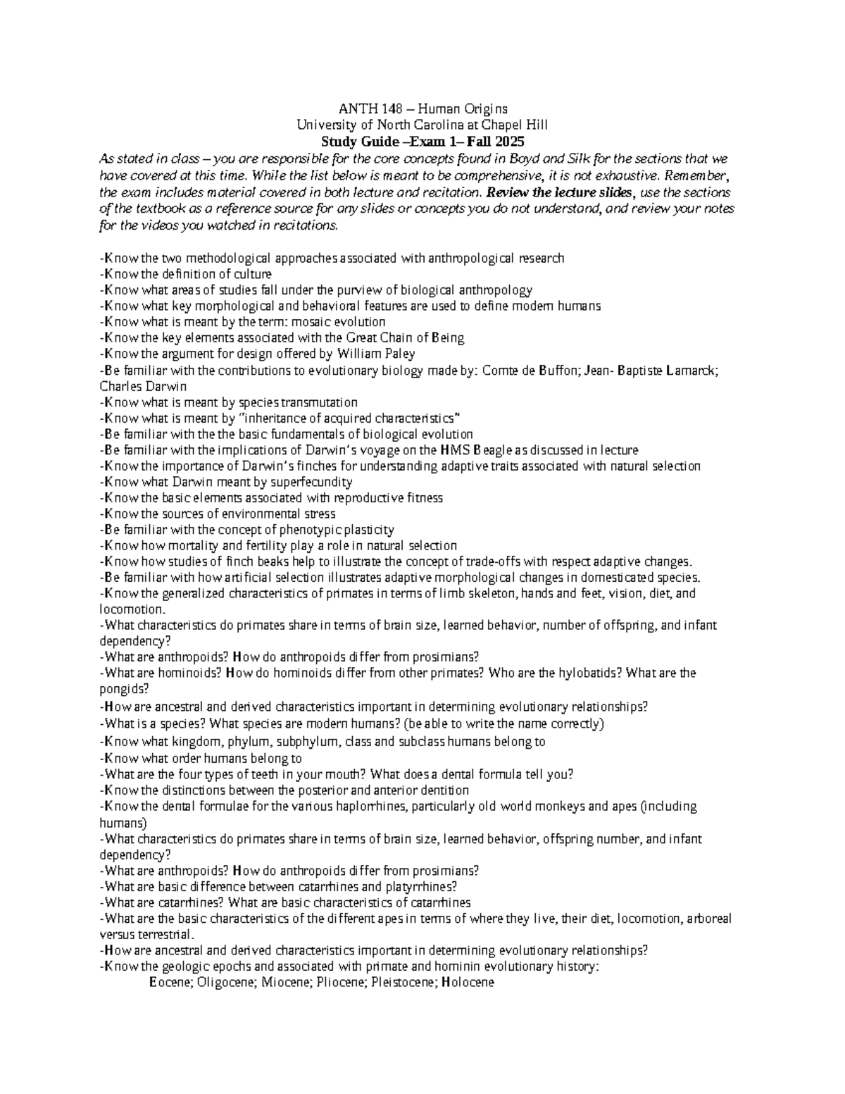 Study Guide for ANTH 148: Human Origins - Exam 1, Fall 2025 - Studocu