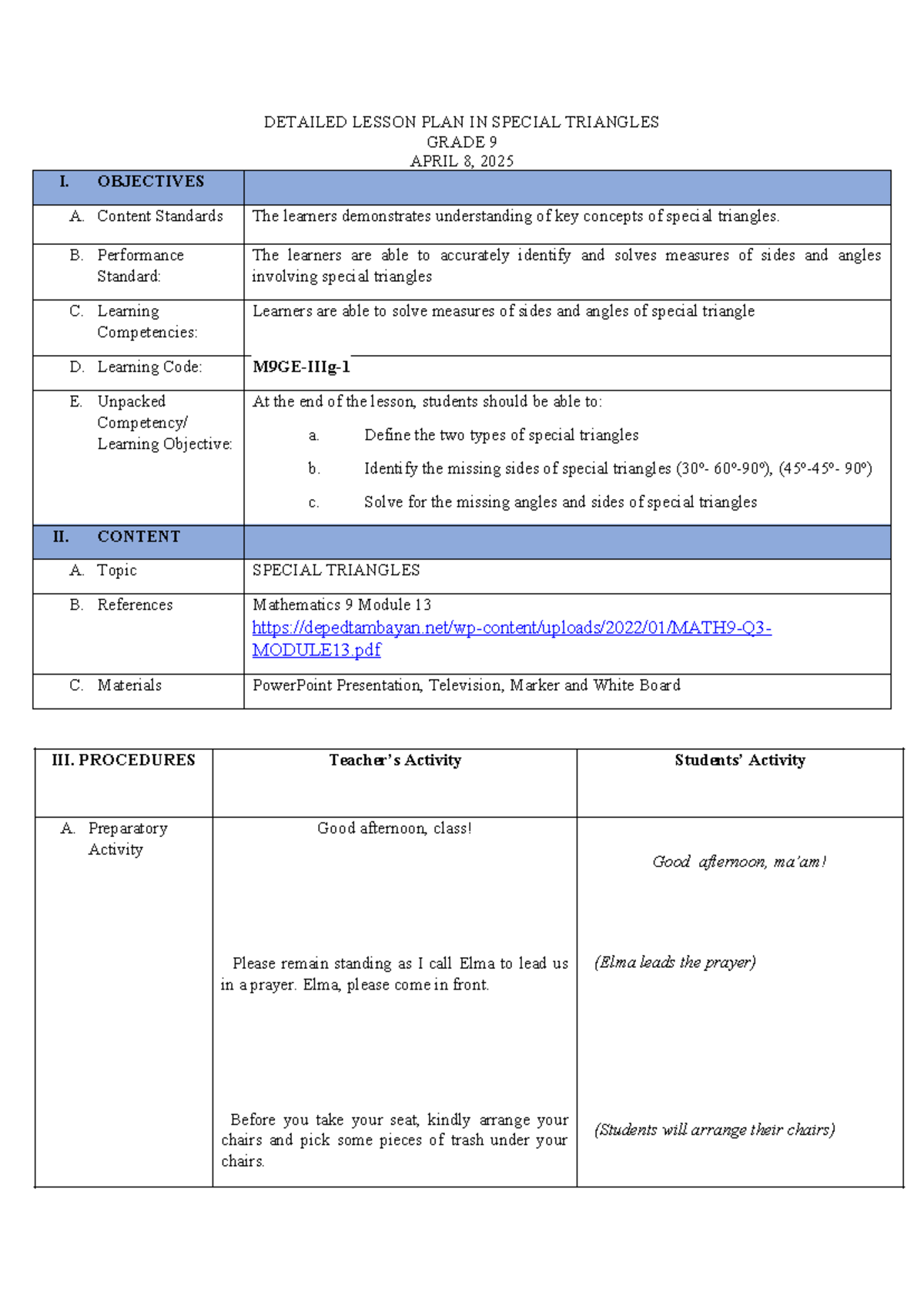 DLP: Special Triangles Lesson Plan for Grade 9 - April 2025 - Studocu