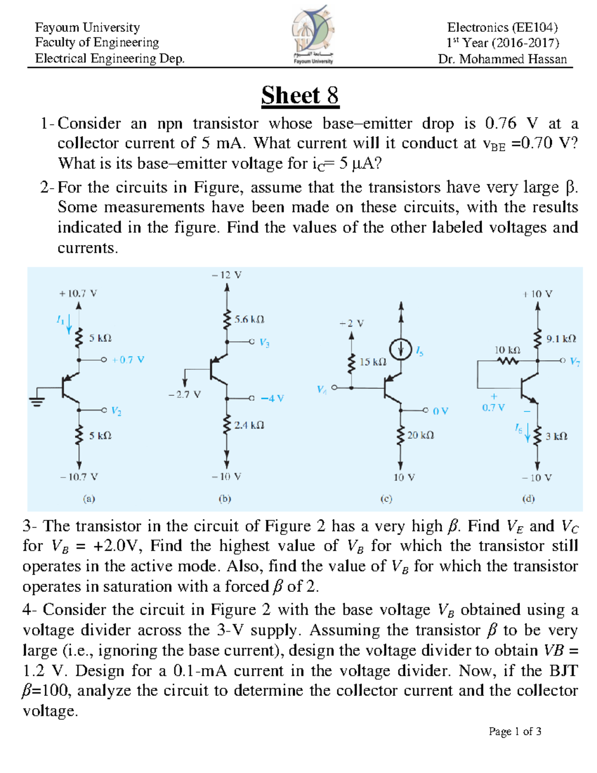 EE104 Electronics Worksheet Sheet 8: Transistor Analysis and Design ...