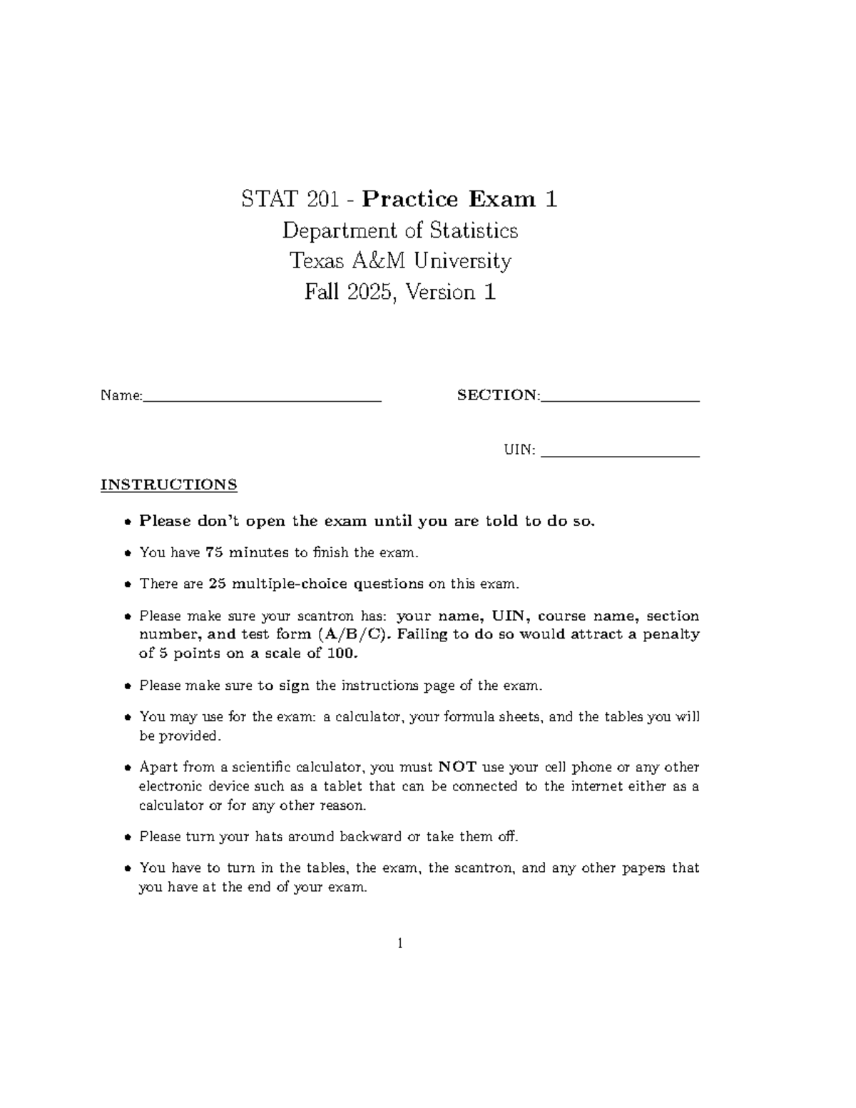 STAT 201 Practice Exam 1 - Department of Statistics, Fall 2025 - Studocu