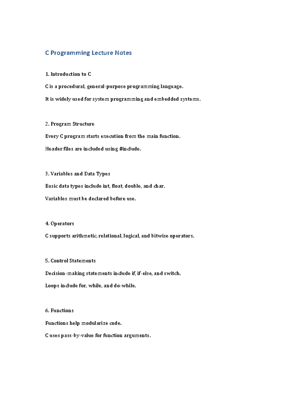 C Programming Lecture Notes: Introduction to C Basics - Studocu