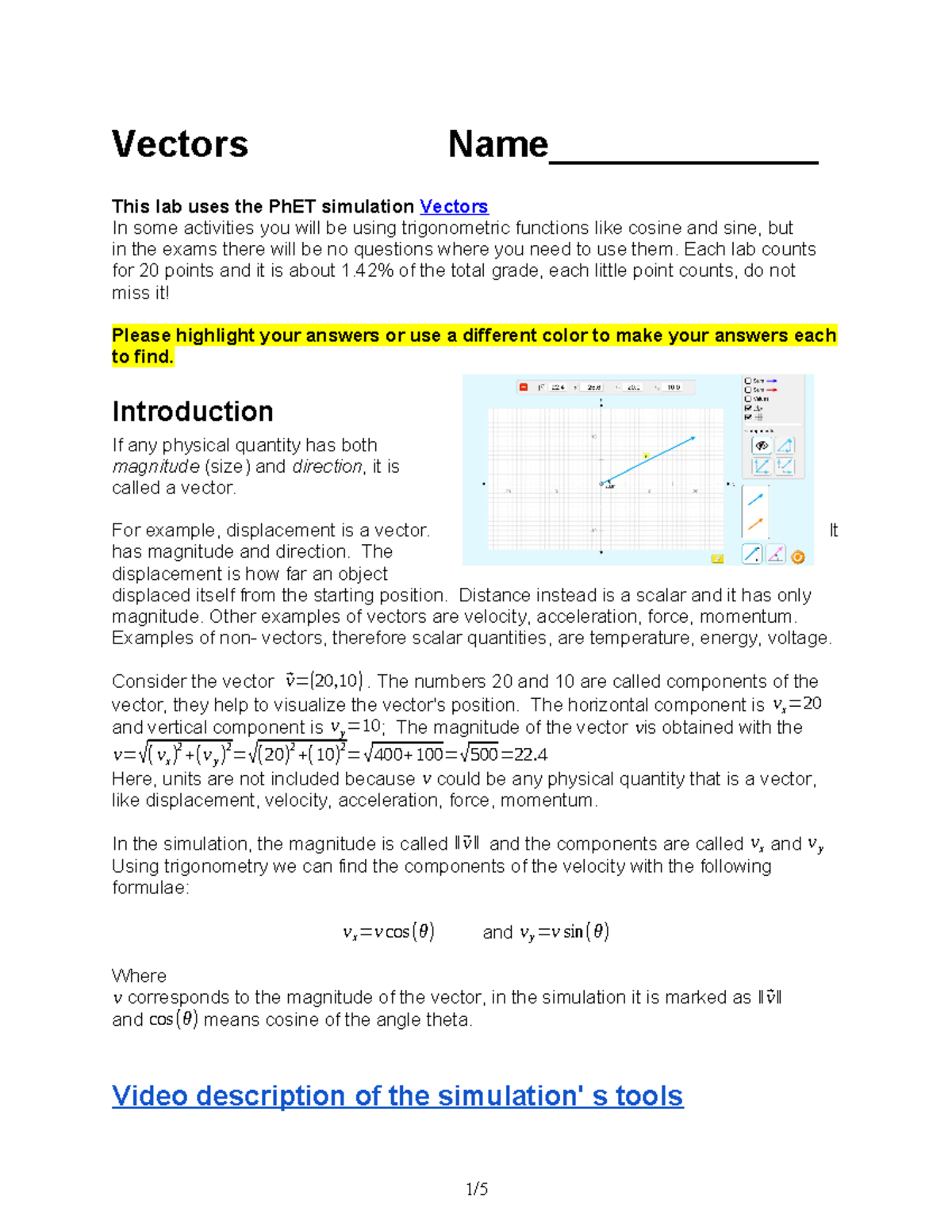Module 1 Lab 1: Understanding Vectors Using PhET Simulation - Studocu