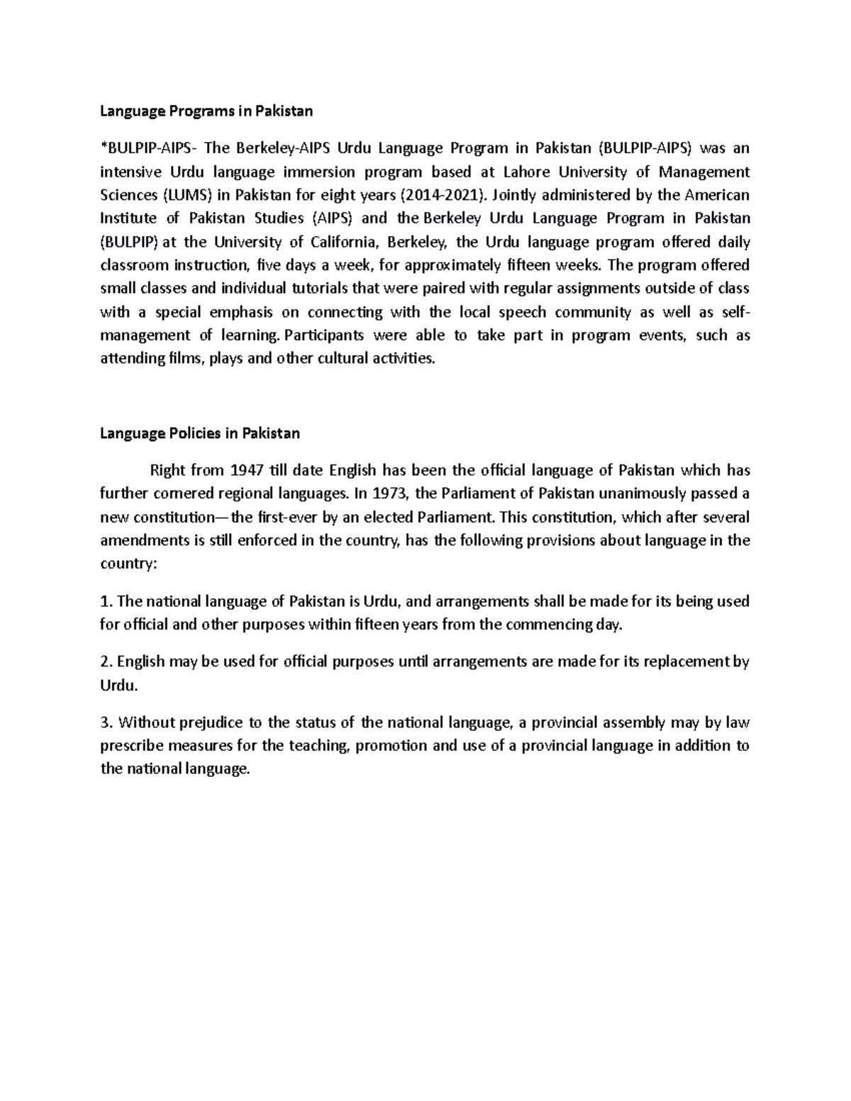 Language Programs and Policies in Pakistan and Beyond: An Overview ...