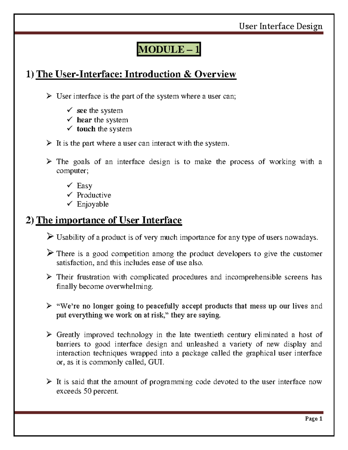 Module 1 Lecture Notes(UID) (1) - MODULE – 1 1) The User-Interface ...