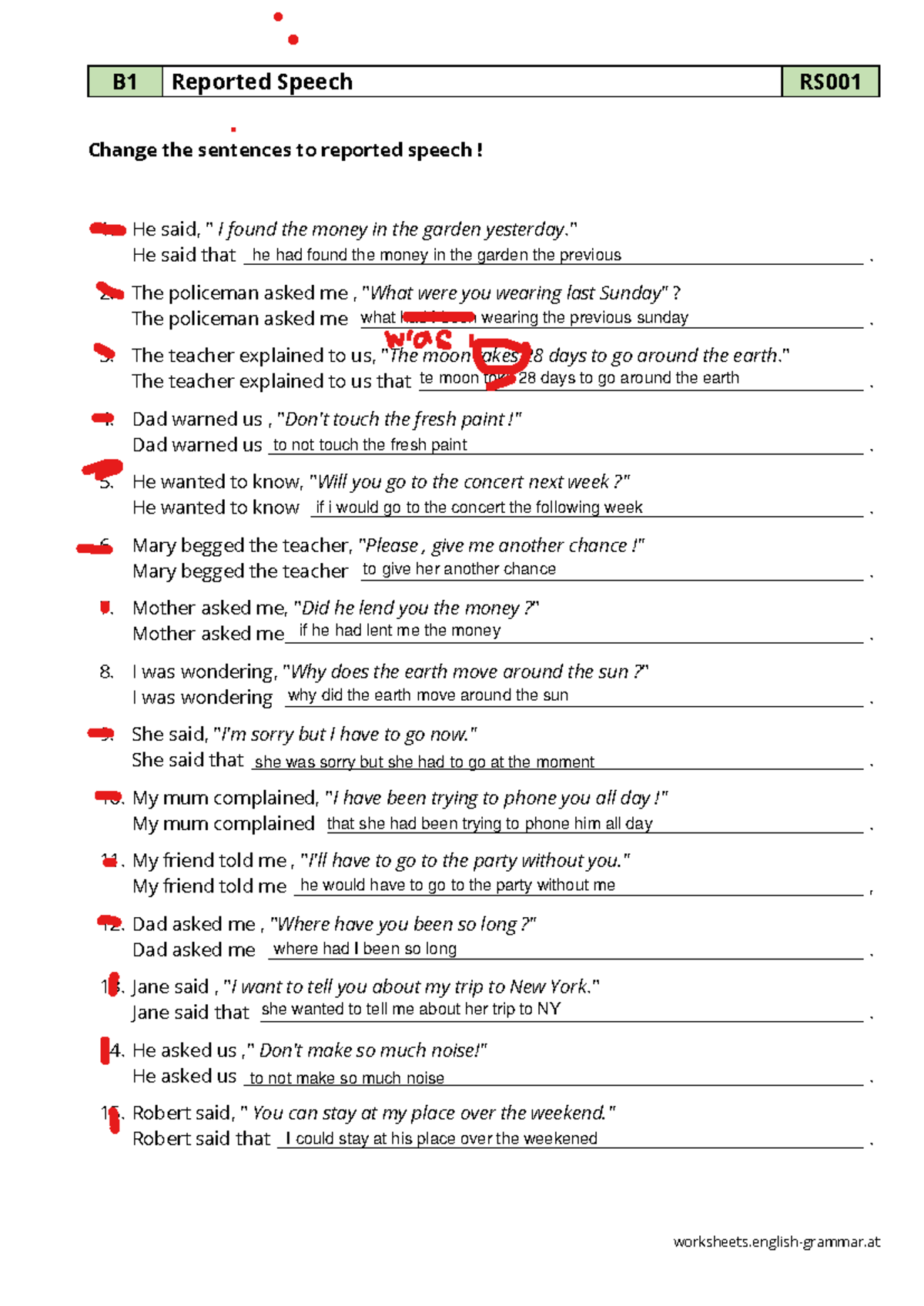 B1 Reported Speech Exercises and Answers - RS 001 - Studocu