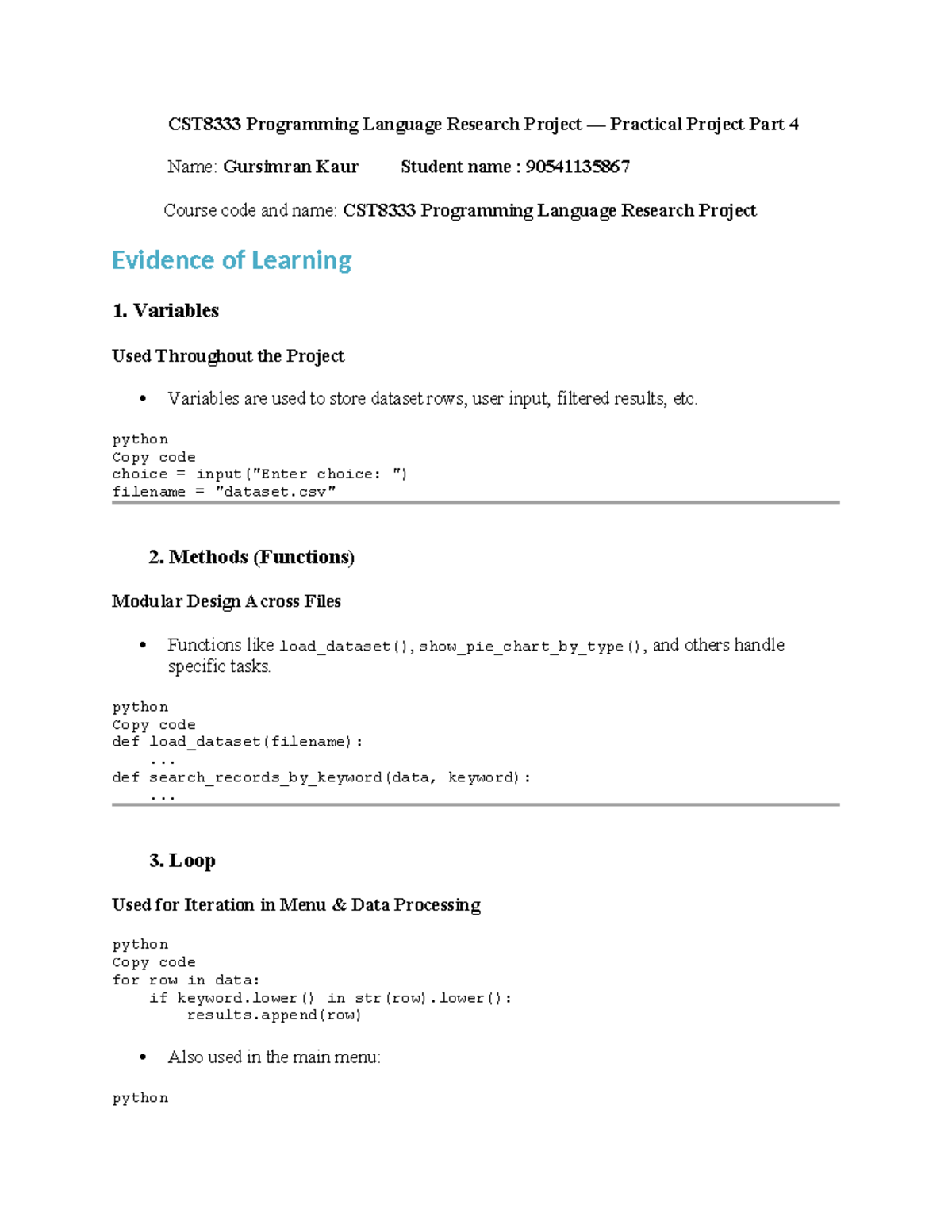 Programming Language Research Project: Practical Project 4 by Gursimran Kaur - Studocu