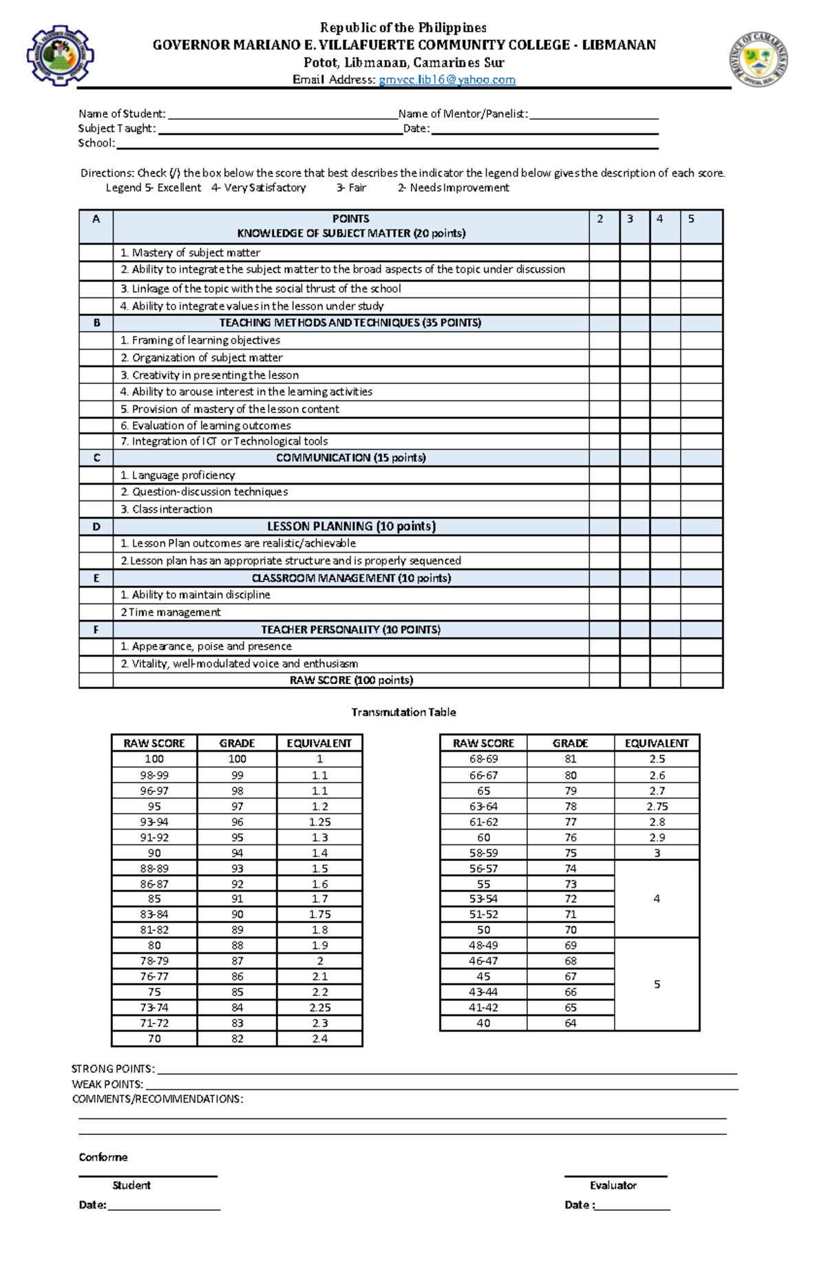 Revised Evaluation for DEMO Teaching 1 Assessment Form - Studocu