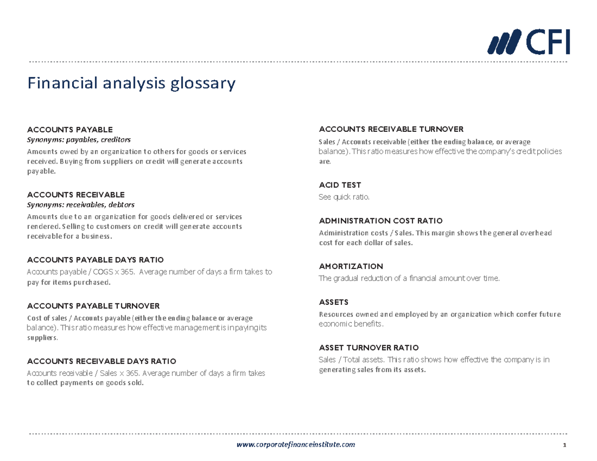 CFI Financial Analysis Terminology and Key Ratios Guide - Studocu