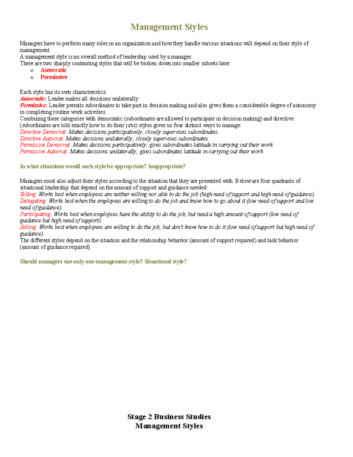 Management Styles in Business Studies: An Overview and Analysis - Studocu