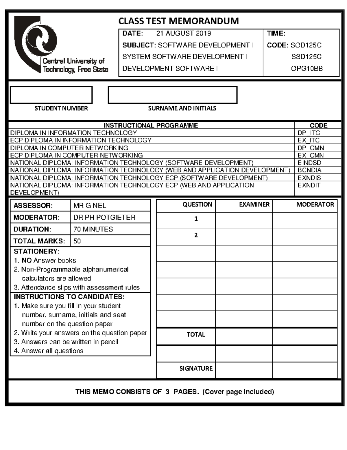 2019-SOD125C- Class TEST Memorandum - DATE: 21 AUGUST 2019 SUBJECT ...