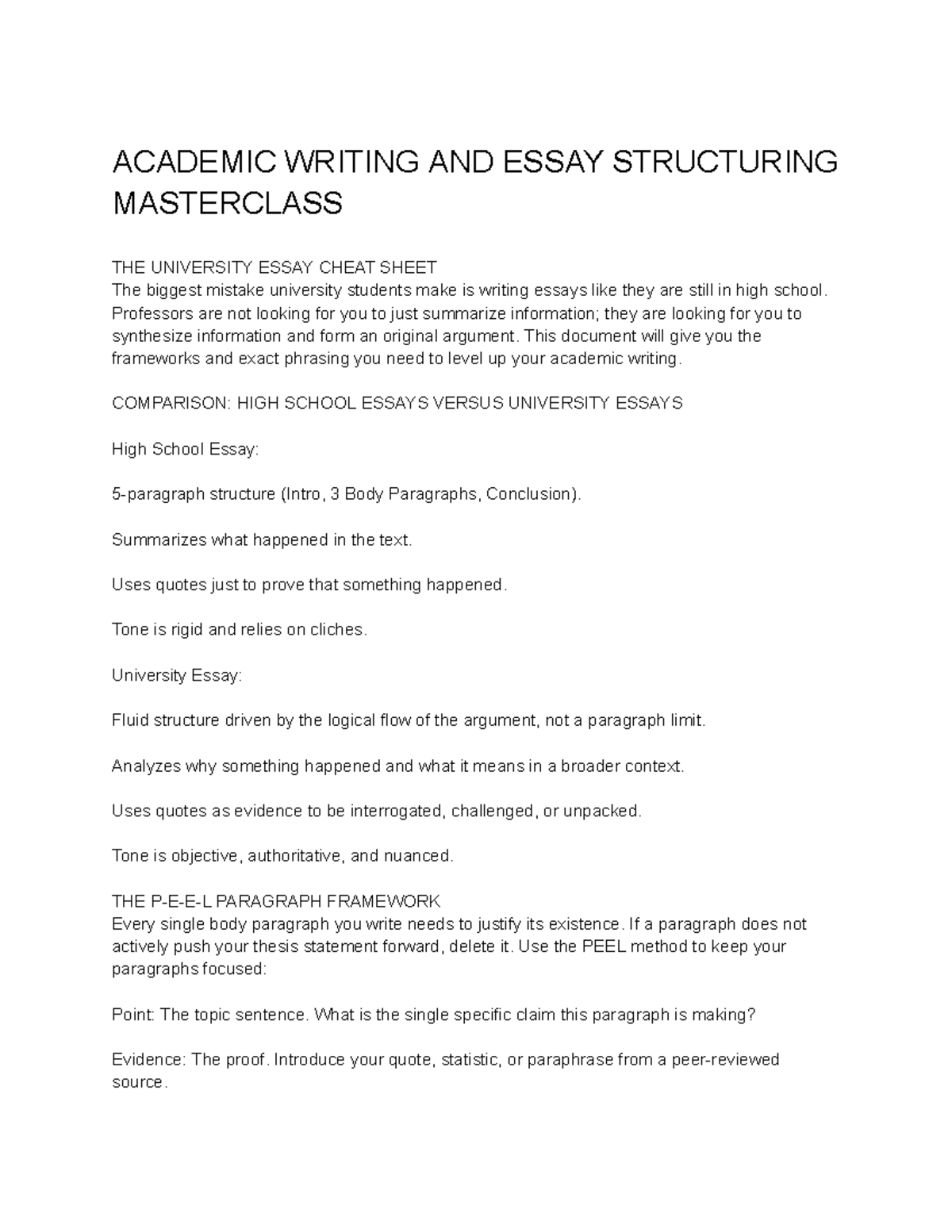 Academic Writing & Essay Structuring Masterclass Cheat Sheet - Studocu