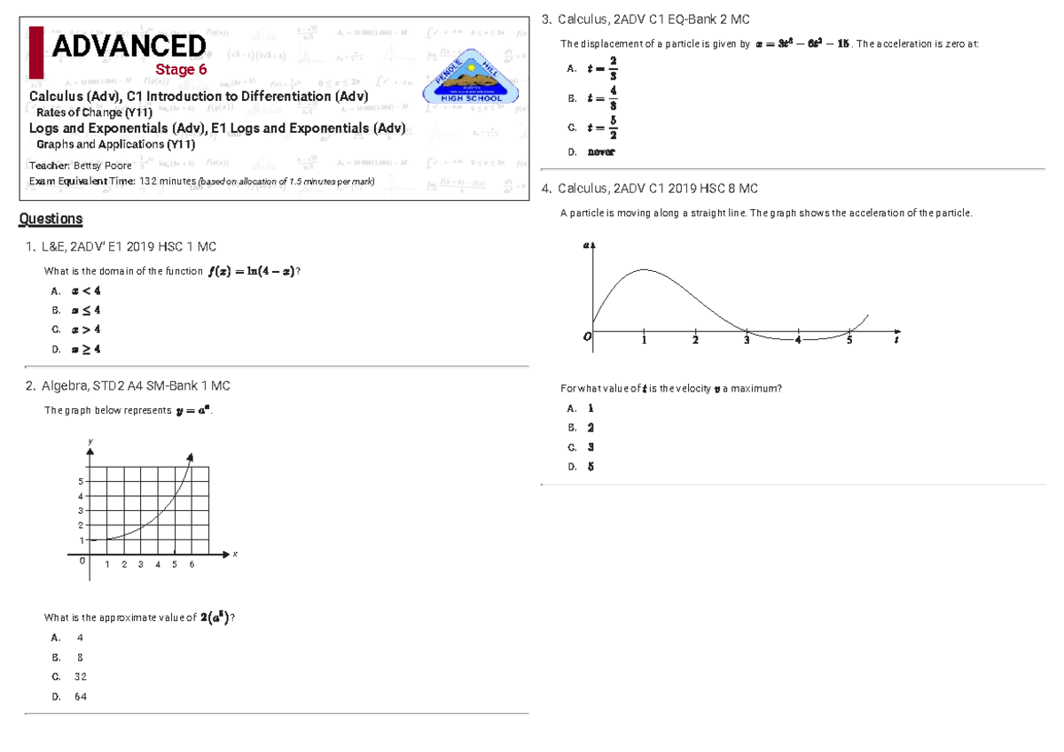 Log Graphs and Rates - Practice for 2ADV Calculus - Studocu
