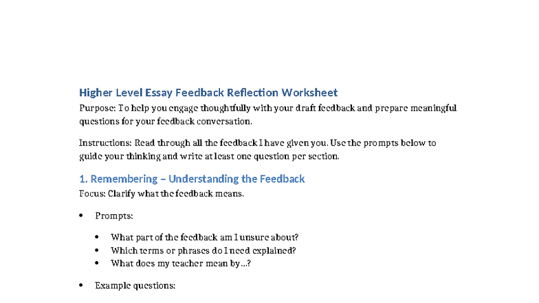 HLE Essay Feedback Reflection & Improvement Worksheet - Studeersnel