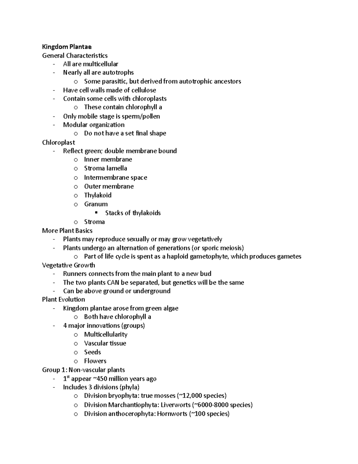 Kingdom Plantae Notes - Diversity of Life - Kingdom Plantae General ...
