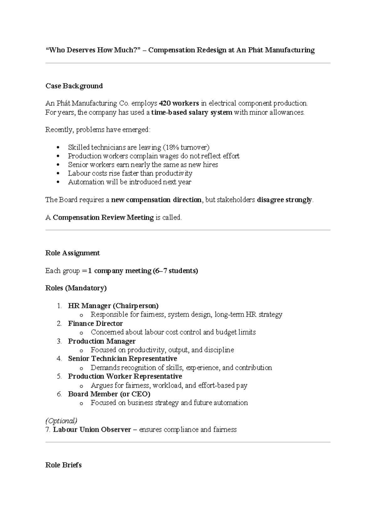 Compensation Redesign Case Study: An Phát Manufacturing Role Play - Studocu
